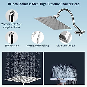 Hibbent All Metal Shower Head, 10'' High Pressure Rainfall Shower Head/Handheld Showerhead Combo with 12'' Adjustable Curved Shower Extension Arm, 7-Spray, 71'' Shower Hose, Showerhead Holder, Chrome
