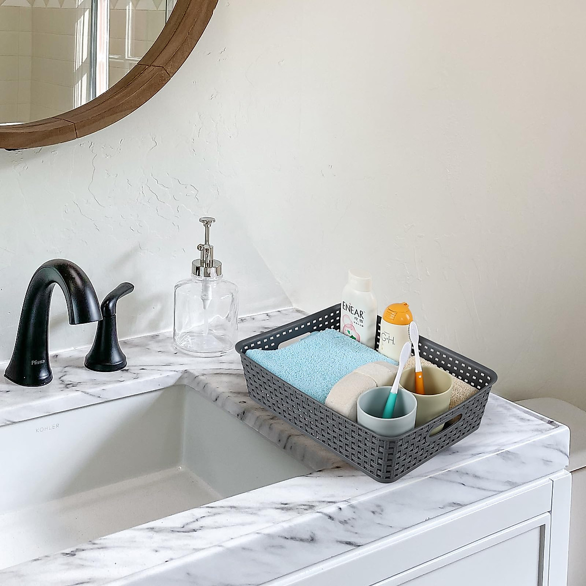 Wakikini Plastic Woven Storage Baskets, A4 Plastic Paper Storage Trays, 4 Packs