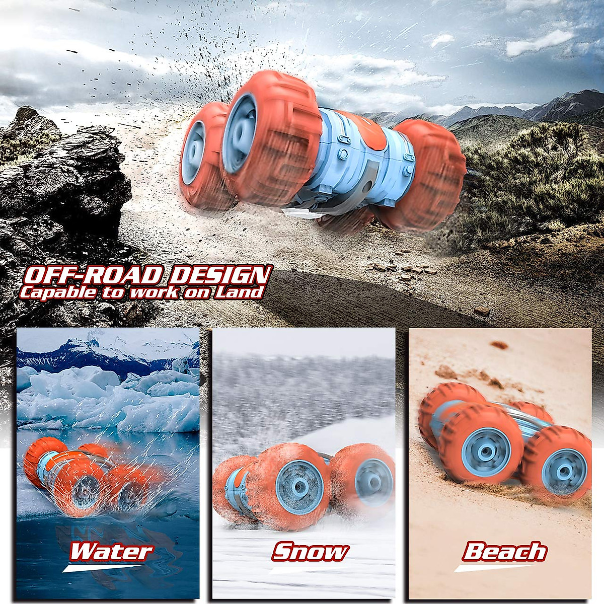 Fixget Amphibious Remote Control Car for Kids, 2.4GHz Waterproof Off Road Truck Toys, 4WD Electric Double Sides RC Stunt Boat Gifts for 6+ Years Old Boys