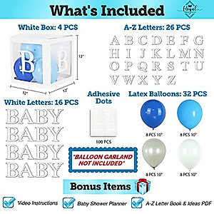 82PCS Baby Shower Decorations For Boy Kit - Jumbo Transparent Baby Block Balloon Box Includes BABY, Alphabet Letters DYI, White Gray Baby Blue Balloons, Gender Reveal Decor 1st Birthday Party Backdrop