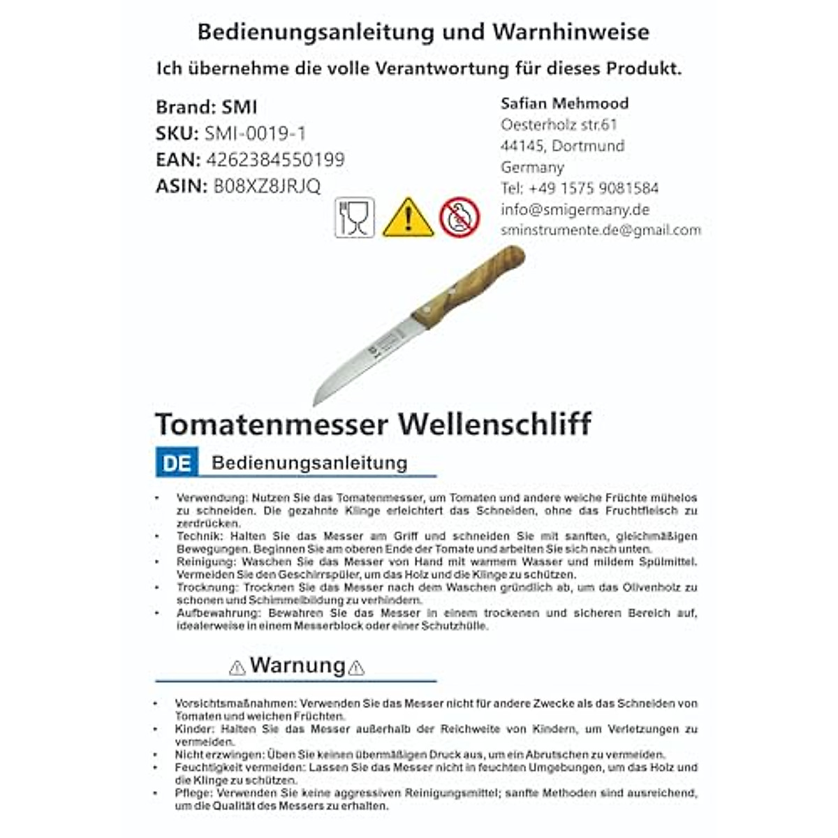 SMI - Tomato Knife Paring Knife Serrated Professional Olive Wood Handle Solingen Knife Made in Germany - Not Dishwasher Safe