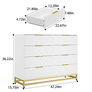 Patikuin 8 Dresser for Bedroom Wooden with 8 Drawer, Chest of Drawers Wide Dresser with Metal Handle, White Dresser for Bedroom,Living Room,Hallway and Entryway