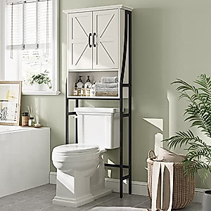 MXARLTR Over The Toilet Storage Cabinet, Over Toilet Bathroom Organizer, Above Toilet Storage Cabinet with Barn Doors Behind Toilet Bathroom Organizer Over-The-Toilet Cabinet (Cream White)