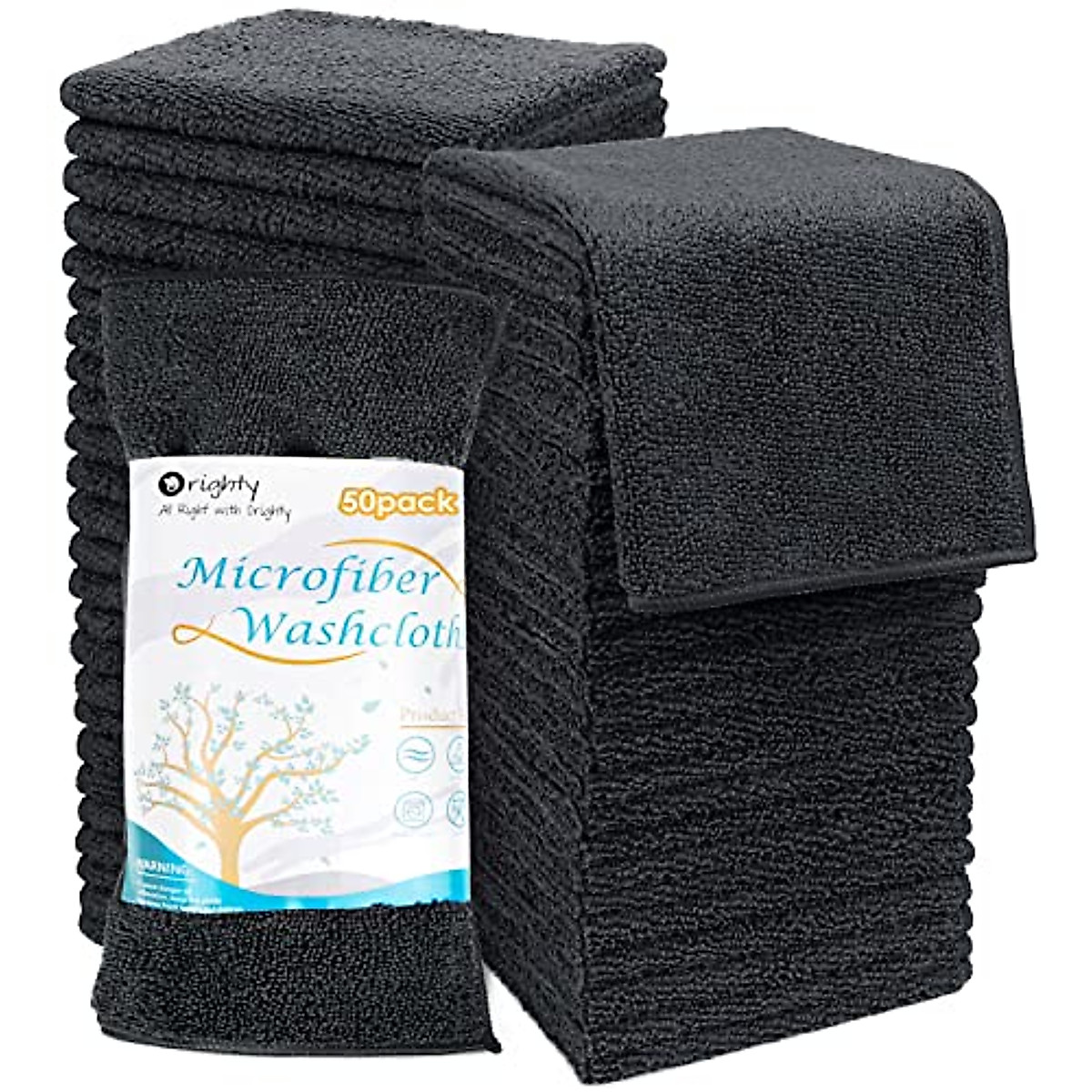 Orighty Microfiber Washcloths Towels Set 50 Pack, Highly Absorbent and Super Soft Fingertip Towels, Multi-Purpose Wash Cloths for Bathroom, Hotel, Spa, and Gym, 12x12 Inch, Black