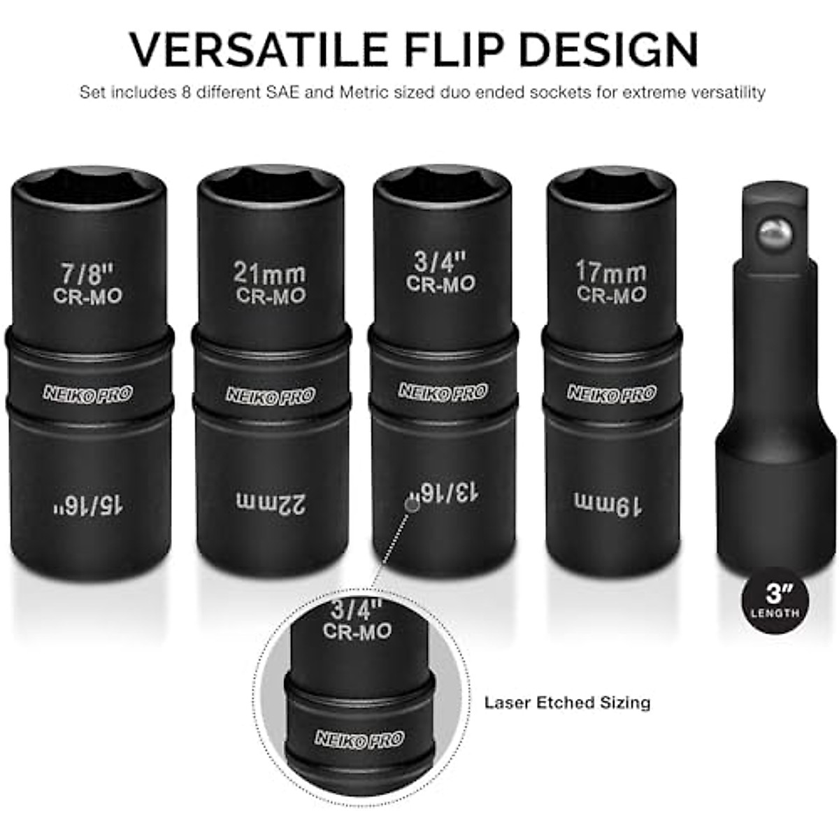 NEIKO 02282B 1/2-Inch-Drive Impact Socket Set, Flip Socket Set, Chrome Moly Steel, Includes 3-Inch Bar Extension, 8 Deep SAE and Metric Sizes, 5 Pieces