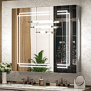TokeShimi 36x32 in Medicine Cabinet Bathroom LED Vanity Mirror 3 Colors Stepless Dimming CRI 80+ Anti-Fog Memory Funtion Wall Mount Make up Mirror for Bathroom Décor