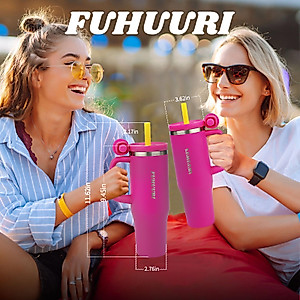 FUHUURI 40oz Stainless Steel Tumbler with Handle,Straw Lid,Double Wall Insulated, Keep Drinks Cold or Hot,Cupholder Friendly (Rose red)