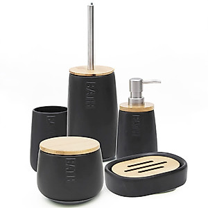 Bath D Soap Dish Cup Dispenser Black and Bamboo Tray