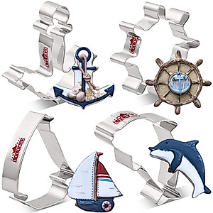 LILIAO Nautical Cookie Cutter Set - 4 Piece - Anchor, Sailboat, Rudder and Dolphin Biscuit Fondant Cutters - Stainless Steel