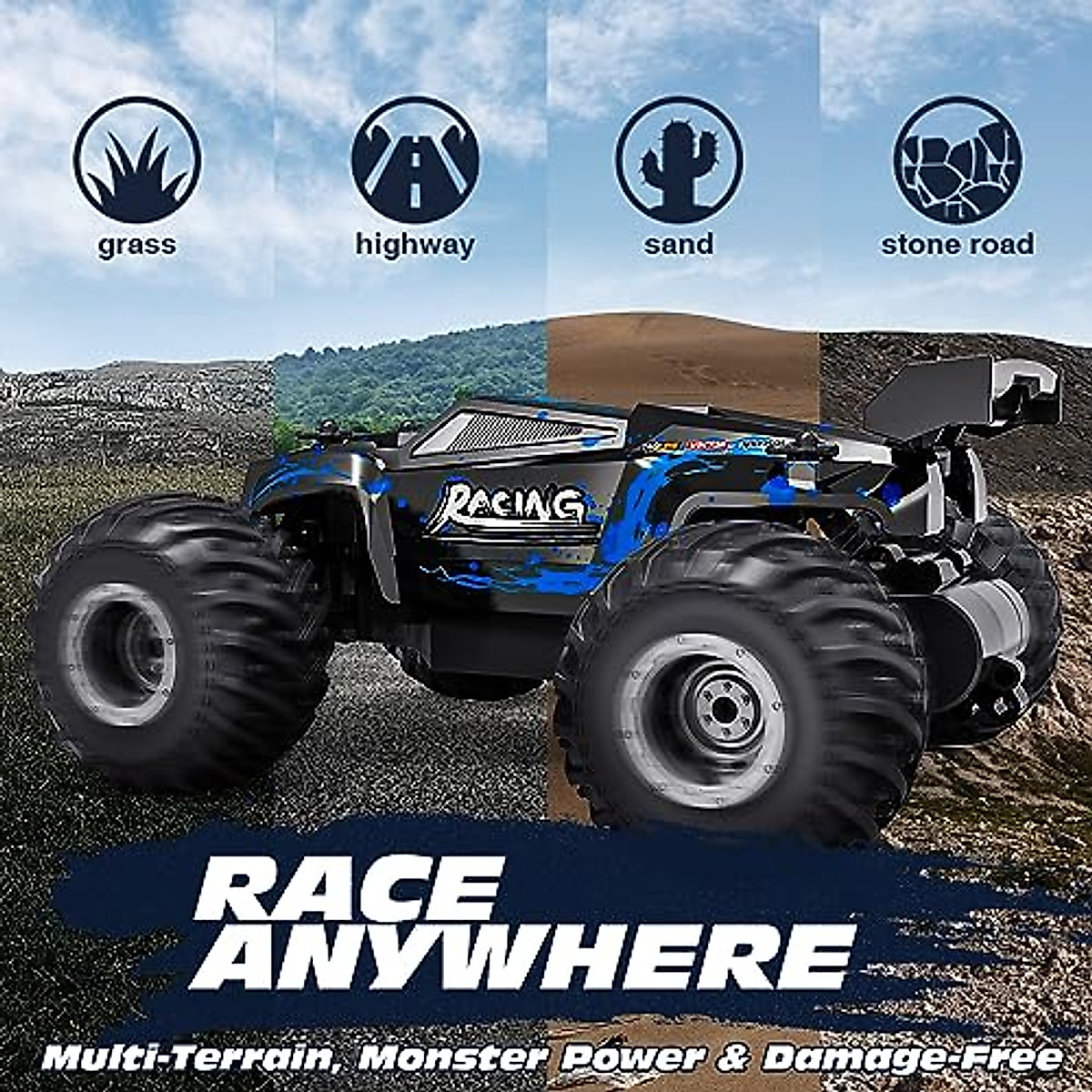 Tecnock RC Cars for Boys 8-12, 1:18 Scale 25 KM/H Fast Remote Control Car for Adults, 2.4GHz 2WD Off Road Monster Truck with 2 Rechargeable Batteries & LED Lights, Toys Gifts for Kids