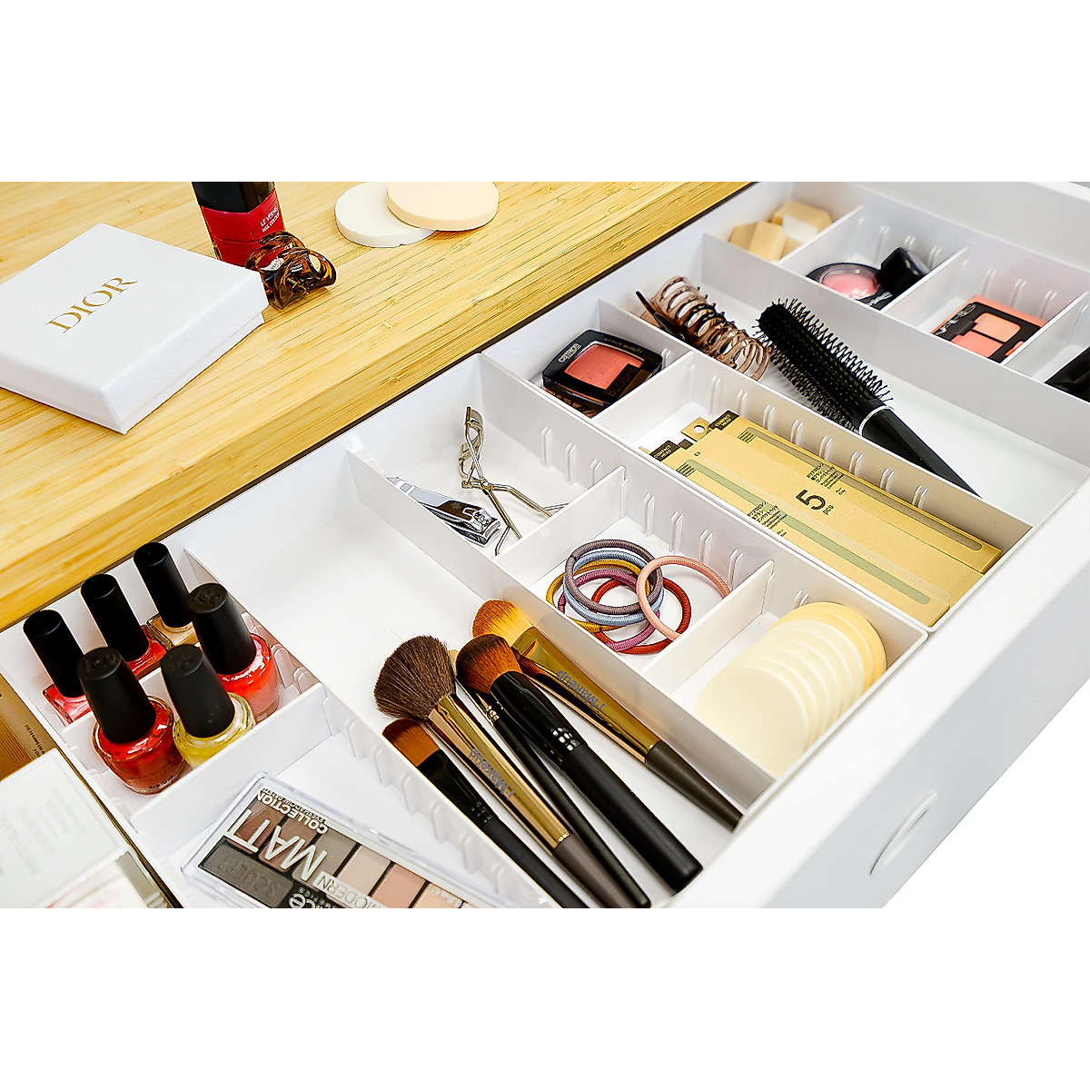 CAXXA 3 Slot Drawer Organizer with 4 Adjustable Dividers - Junk Drawer Storage for Makeup & Vanity, Office Desk Supplies and Accessories (WHITE, 1 PACK)