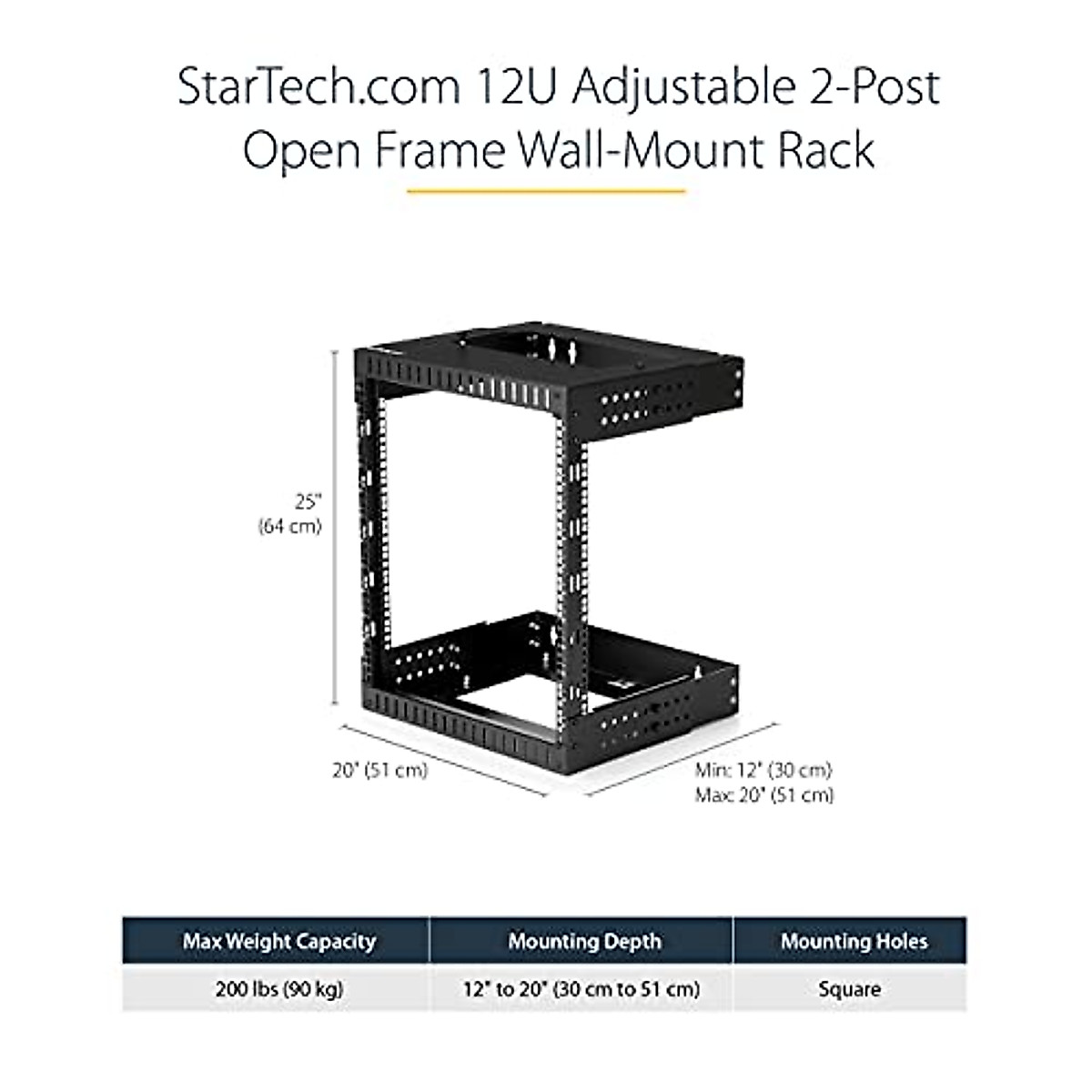 StarTech.com 2-Post 12U Heavy-Duty Wall Mount Network Rack, 19" Open Frame Server Rack with Adjustable Depth, Wall Mount Data Rack for IT / AV / Patch Panel / Computer Equipment (RK12WALLOA)