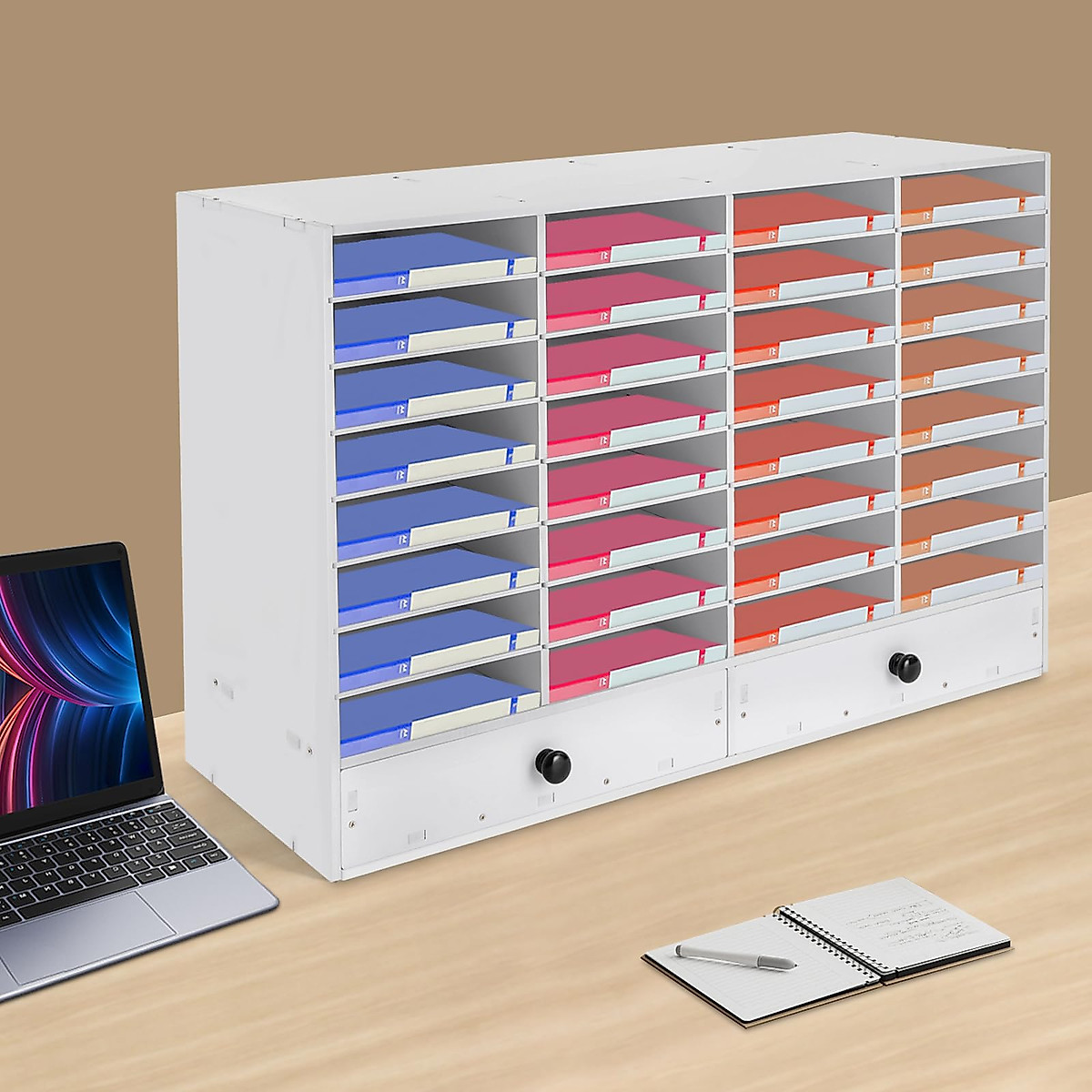 Literature Organizers 32 Compartment with 2 Drawers Office Mailbox with Adjustable Shelves 8-Tier Wood Literature Sorter for Office Home Classroom Mailrooms