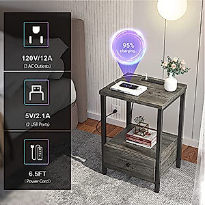 Ecoprsio Nightstands Set of 2 with Charging Station, Modern Night Stand Bedside Table with Storage Drawer and Shelf, End Side Table with USB Ports & Power Outlets for Bedroom Living Room, Grey Oak