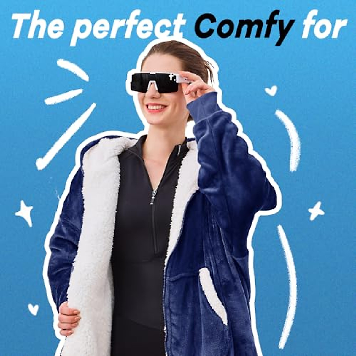 JOYWOO Wearable Blanket Hoodie, Oversized Hooded Blanket for Adult, Birthday Gifts for Women Men, Cozy Fuzzy Sherpa Sweatshirt Blanket with Giant Pocket and Zipper, Navy Blue