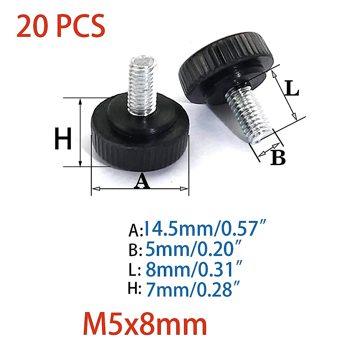 M5x8mm Male Thread Thumb Screw Knobs,Grip Thumb Screw,Threaded Knurled Knobs Grip,Round Head Clamping Knobs (20 Pcs Black）