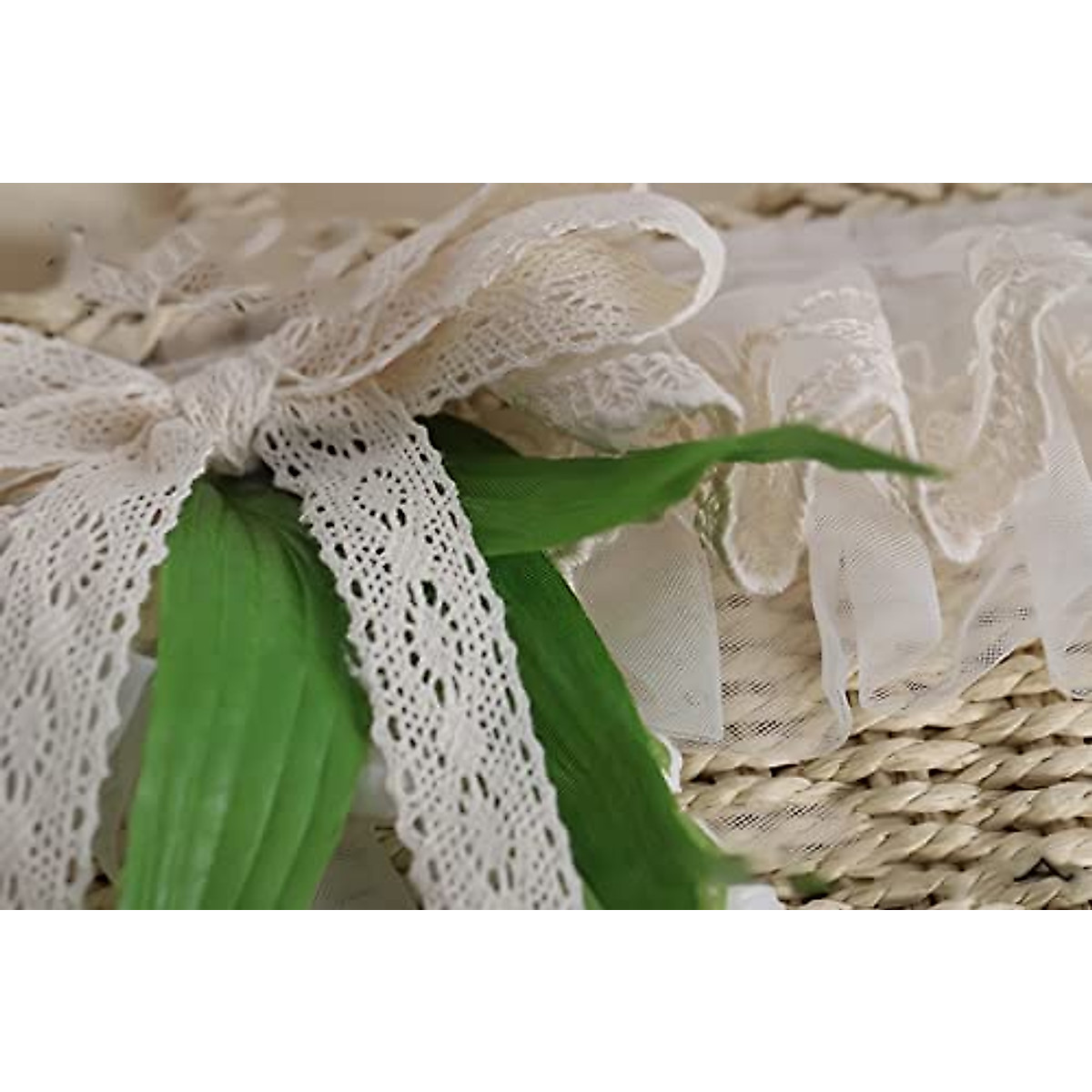 GK-O Mori Girls Handmade Straw Bag Handbag Basket Woven Bag Sweet Knit Lolita Lace Bag Summer Rattan bag (White)