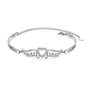 FLYOW S925 Sterling Silver A Piece of My Heart is in Heaven Bracelet Angel Wings Jewelry in Memory of Mom Dad Grandma Grandpa Daughter Son Loss Memorial Gift