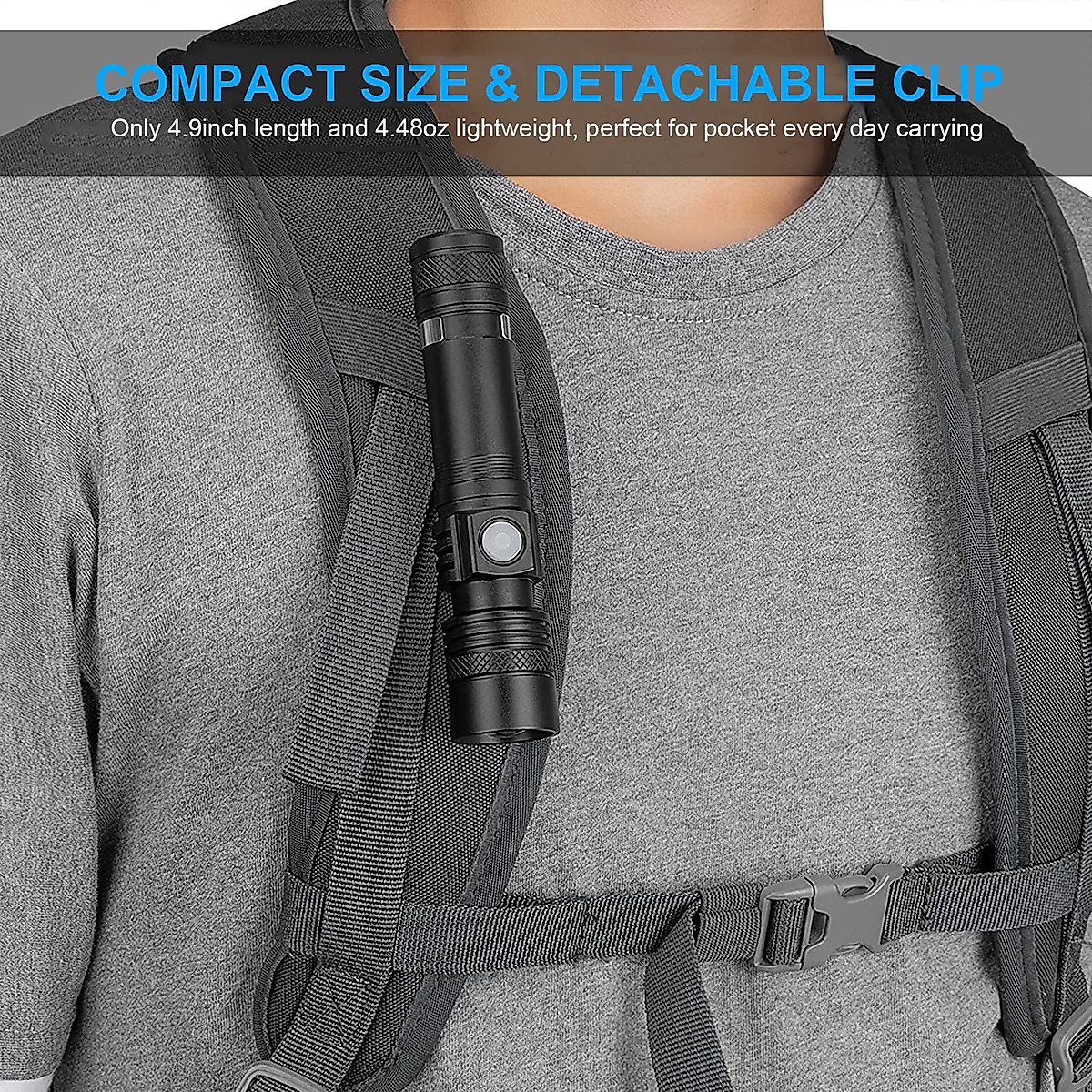 Rechargeable Flashlight, LED Tactical Flashlight, 2000 Lumens Super Bright Pocket-Sized LED Torch with Clip, IPX6 Water Resistant, 4 Modes for Camping Hiking Emergency (2 Pack)