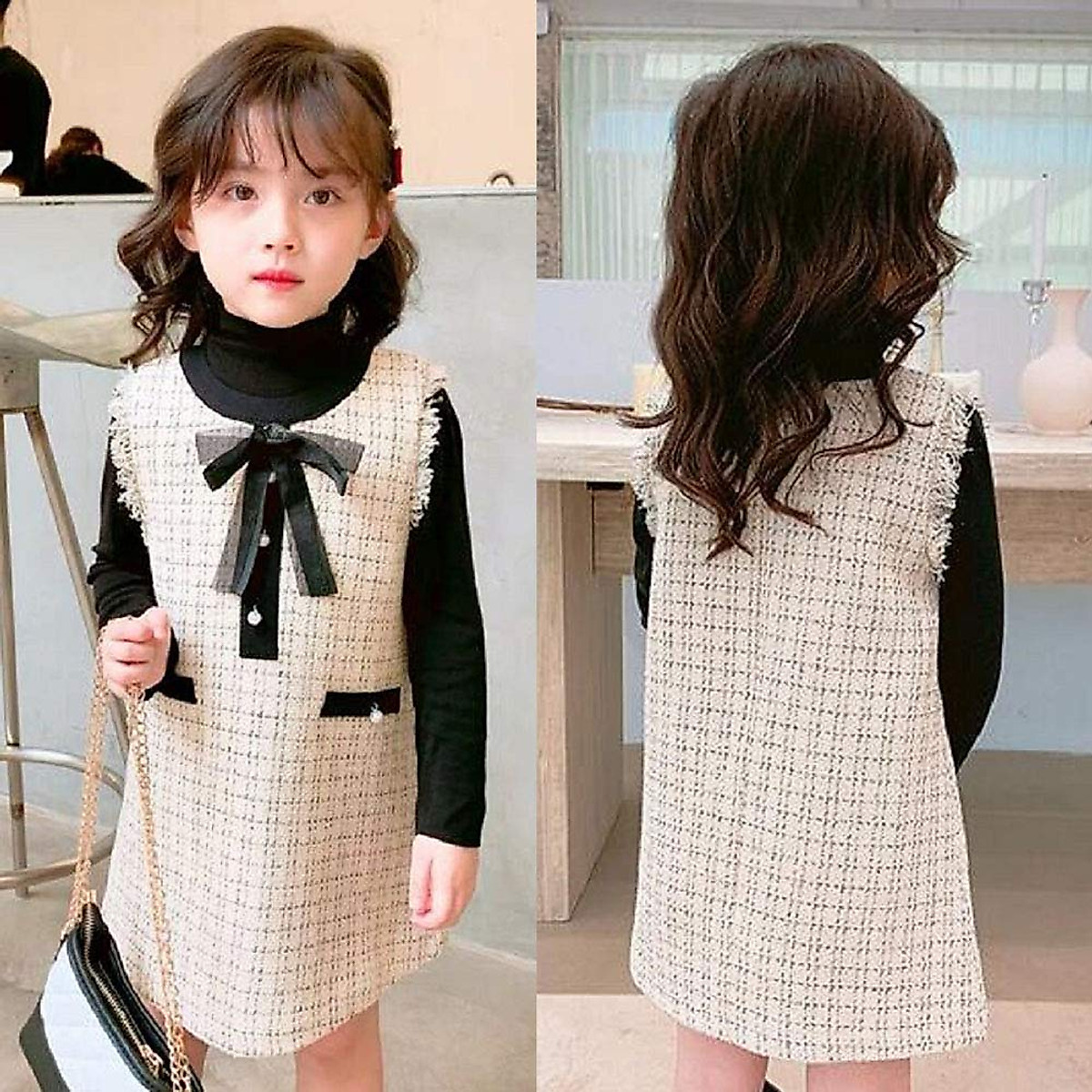 LXXIASHI Toddler Baby Girl Long sleeve Turtleneck T-shirts + Elegant Plaids Dress Coat Formal Party Outfits (Black Turtleneck + Plaid Dress Coat, 4-5 Years)