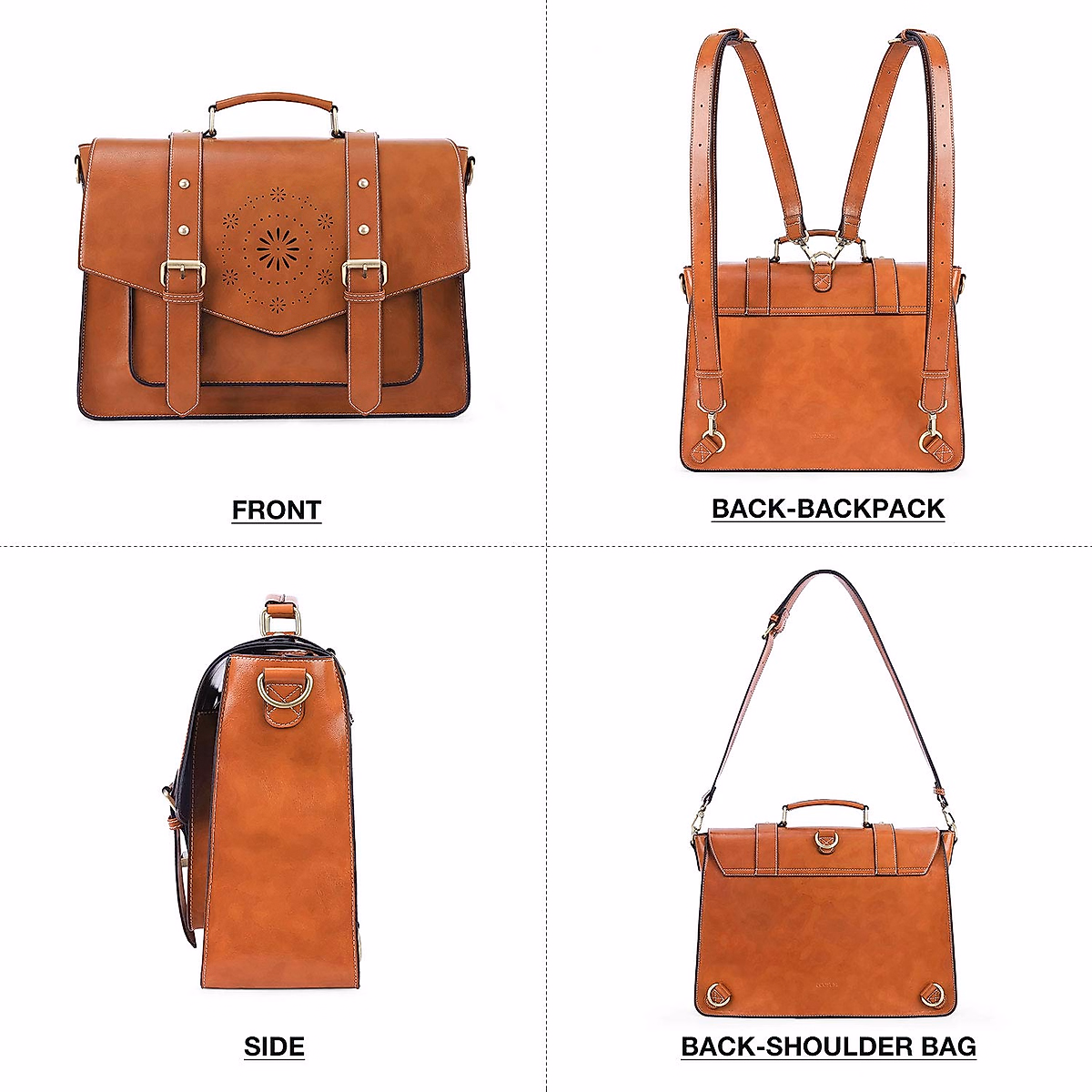 ECOSUSI Backpack for Women Briefcase Messenger Laptop Bag Vegan Leather Satchel Work Bags Fits 15.6 inch Laptops, Brown