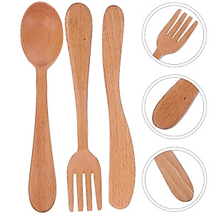 Kichvoe Small Wood Flatware Sets Wooden Spoon Fork Cutter Cutlery Set Salad Forks Camping Dinner Food Utensil Tableware for Boys Girls