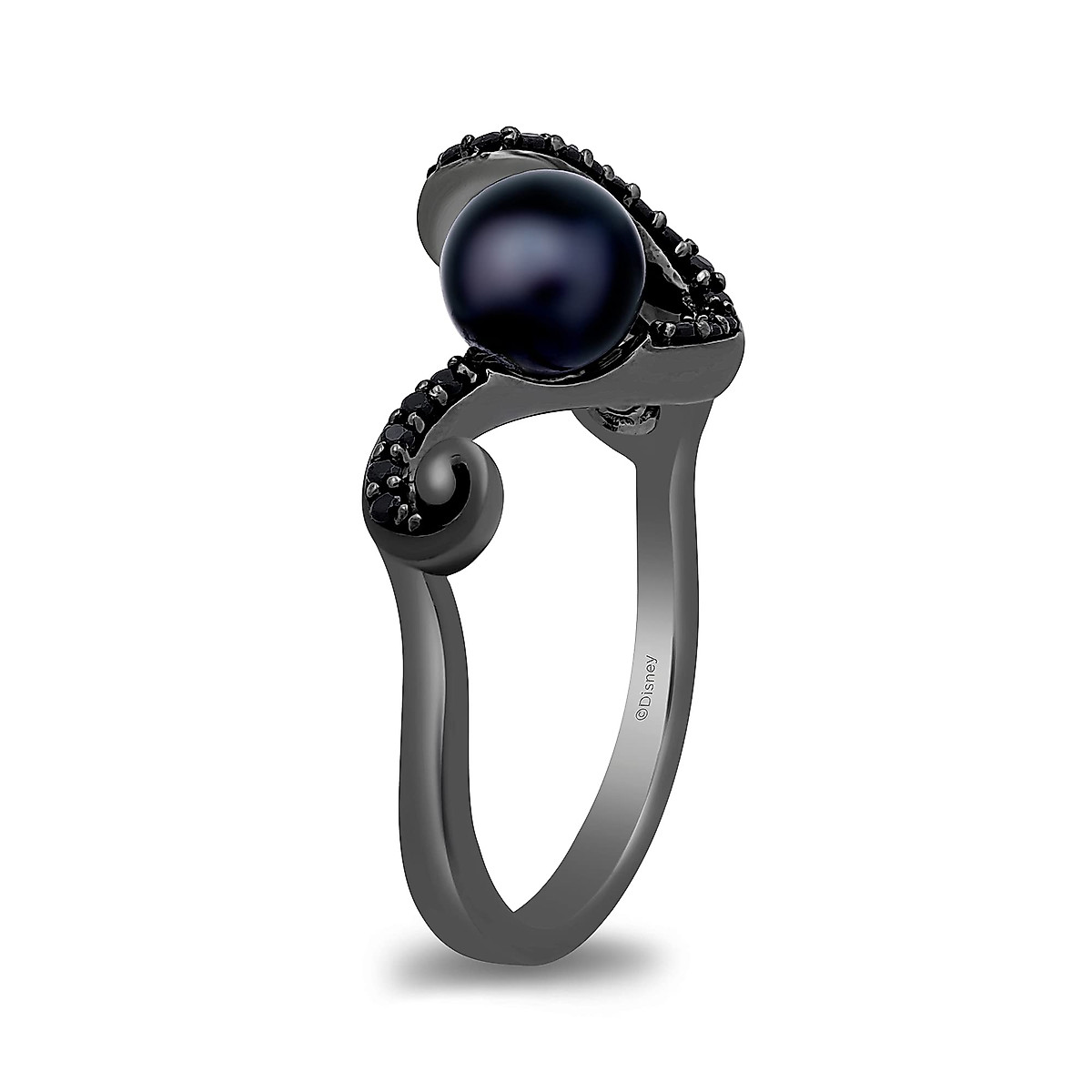 Jewelili Enchanted Disney Fine Jewelry Black Rhodium over Sterling Silver 6.5 MM Black Round Pearl and 1/5 Cttw Treated Black Round Diamond Ursula Ring, Size 8