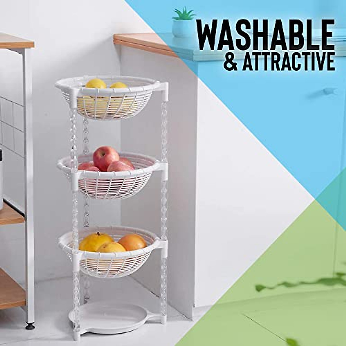 Uncluttered Designs Stacking Basket Bins (3 Tier + Plate) — Display for Fruit, Potato, Onion & Produce — Crafts, Art Supplies & Housewares Organizer — Bedroom & Bathroom Organization & Storage (White)