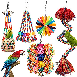 Bird Toys Bird Rope Perch with Bell Colorful Bird Chewing Shredding Foraging Toys Parakeet Toy Parrot Swing Climbing Standing Hanging Toys Bird Cage Accessories for Conure Cockatiel Budgies Lovebird