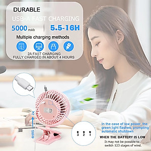 AOGELI Clip Fan,Mini Portable Fan with clip, Clip on Fan for Bed,3 Speeds Personal Fan,5000 mAh Rechargeable Battery Operated Fan, 360°Rotate Desk Fan for Home Office Travel Stroller Camping Pink