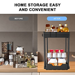 FGSAEOR 2-Tier Under Sink Organizer with Sliding Storage Drawer, Multi-Purpose Bathroom Cabinet Organizer Baskets, Kitchen Under Sink Storage Rack with 4 Hooks and Handle (Sliding-Black)