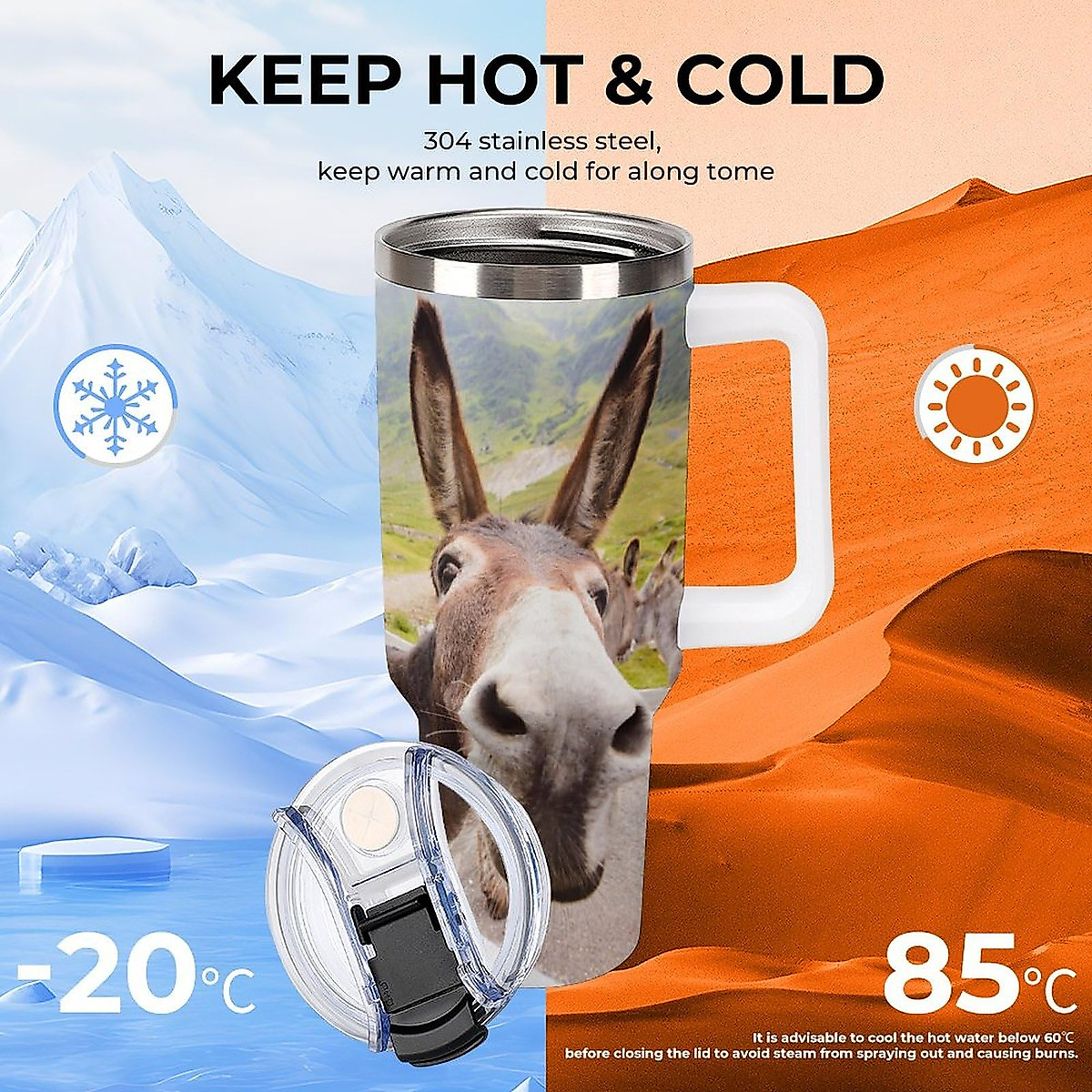 Niapessel Leak Proof Tumbler, Insulated Water Bottles with Straw, Funny Donkey Insulated Cup with Handle 40 Oz Stainless Steel Flask for School, Travel, Car, Sports, Work