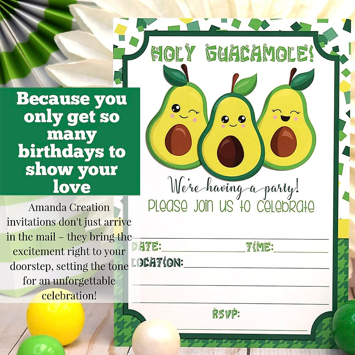 Trio of Avocados Holy Guacamole Fiesta Themed Birthday Party Invitations, 20 5x7 Fill In Cards with Twenty White Envelopes by AmandaCreation
