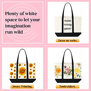 12 Pcs Canvas Tote Bag Bulk with Outer Pocket, 21 in Large Cotton Tote Beach Bags with Zipper Washable Shopping Bags (Black)