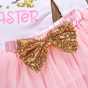 XFGLCK Newborn My 1st Easter Skirt Outfit Baby Girl Bunny Letters Short Sleeve Bodysuit Tutu Skirt Headband Leg Warmers 4pcs (My 1st Easter, 0-3 m)
