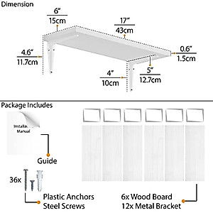 Wallniture Arras 17"x6" Floating Shelves for Storage, Wall Bookshelf Living Room Decor, Wall Shelves for Kitchen, Bathroom Floating Shelf, Dining Room Storage Shelves, Set of 6, White, Wood