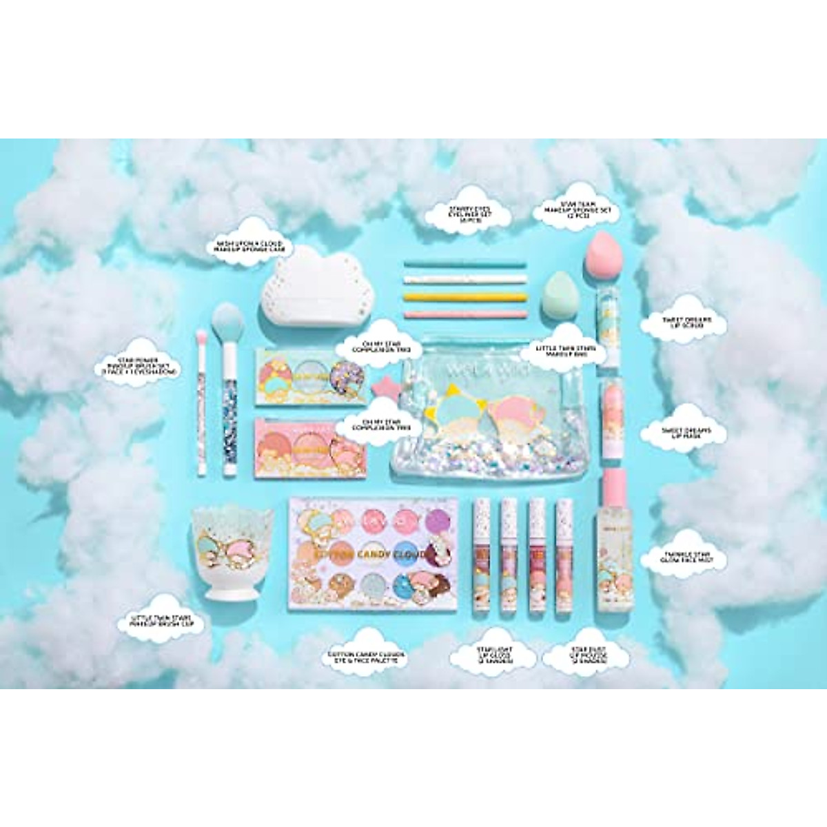 wet n wild Little Twin Stars Full Makeup Set | Gift Set | Primer | Setting Spray | Makeup Brushes | Highlighters | Makeup Sponges | 15-Pan Pigment Palette | Lip Scrub | Lip Gloss, Full Collection