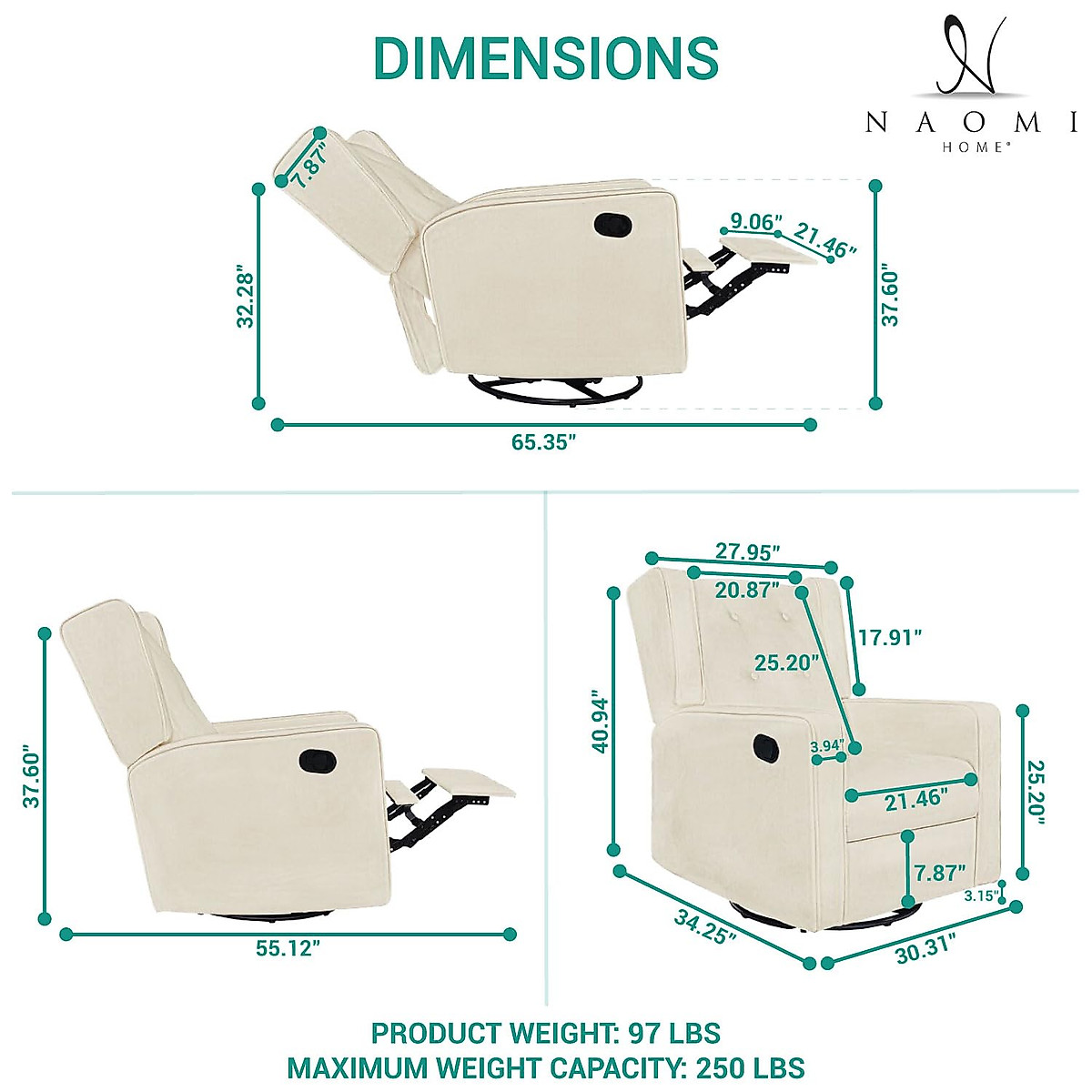 Naomi Home Relieve Muscle Aches with Nursery Glider, Upholstered Rocker Recliner Comfortable Rocking Chair with 360° Swivel Motion, Soft Cushions for Nursing and Bonding, Baby Reclining Chair (Cream)