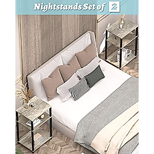 WOODYNLUX Side Table Nightstands Set of 2, End Table with Shelves, 3-Tier Bedside Tables, 5-Tier Shelf Bookcase, Nightstand Accent Table for Living Room, Bedroom, Gray, Easy Assembly.