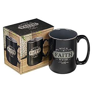 Christian Art Gifts Large Ceramic Bible Verse Coffee & Tea Mug for Men: Walk by Faith - 2 Corinthians 5:7 Inspirational Scripture, Non-toxic & Lead-free Novelty Drinkware, Black/Gray w/Silver, 14 oz.