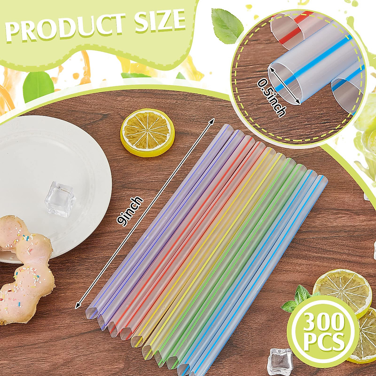 300 Pcs Jumbo Boba Straws Large Smoothie Straws Individually Wrapped Bubble Tea Striped Straws 9.06 Inches Extra Wide Plastic Milkshake Straws Disposable Drinking Straws with Pointed End for Drinks