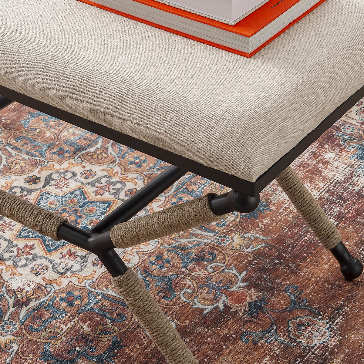 Linon Farrow Linen Upholstered Metal Campaign Stool, Black/Natural