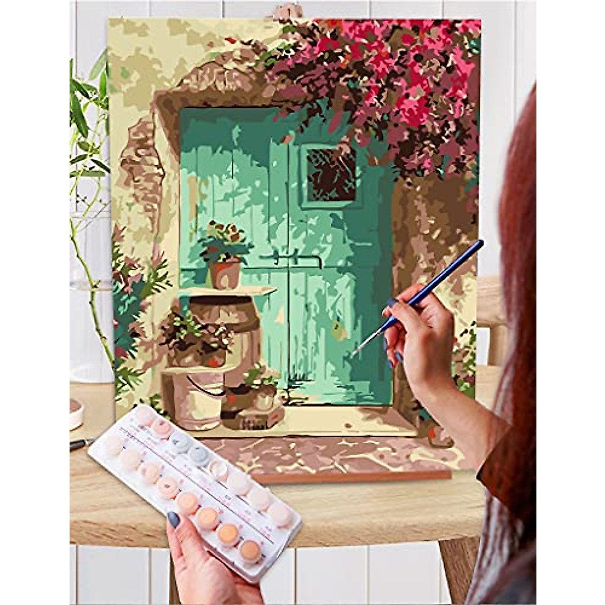 eniref Paint by Numbers for Adults Beginner Blue Door with Flower , Acrylic Paint Kits Home Decor 16X20Inch