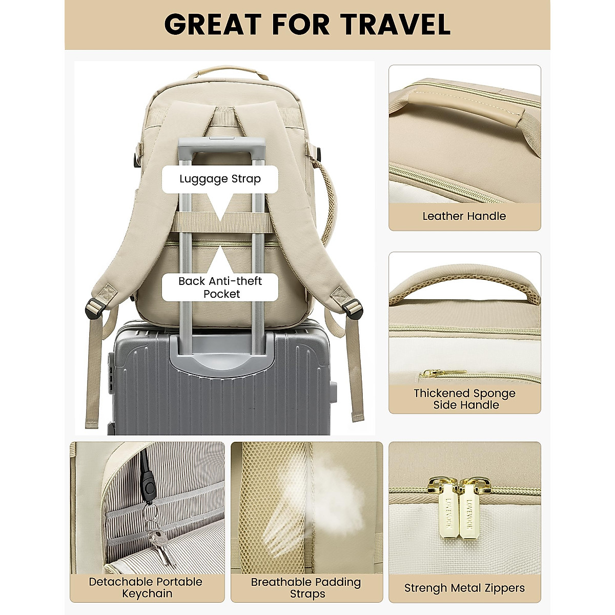 LOVEVOOK Large Travel Backpack for Women & Men, Carry on Backpack Airline Approved, TSA Personal Item Travel Bag fits 17" Laptop, 40L Waterproof Travel Essentials Sports Backpack with 3 Packing Cubes