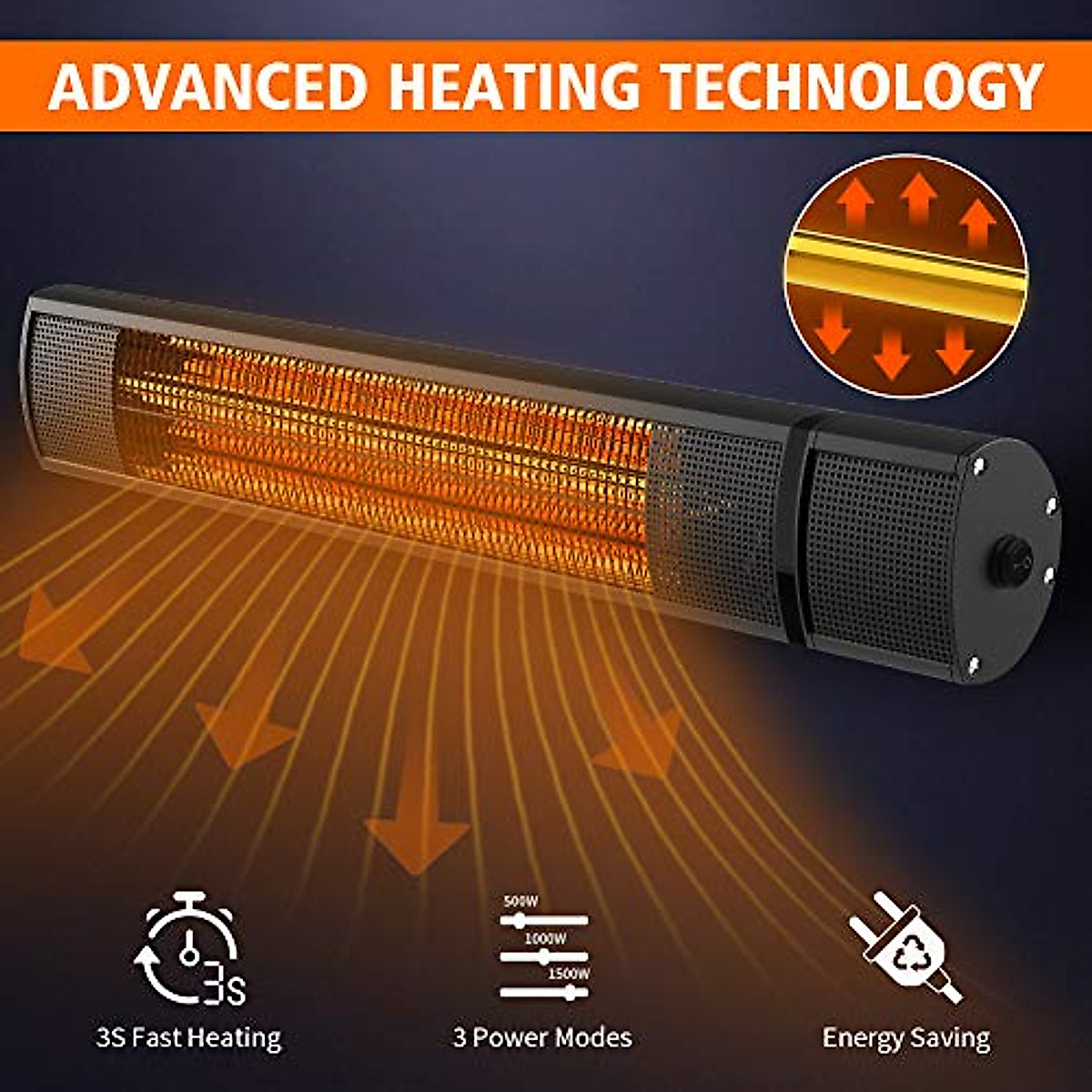 Electric Outdoor Patio Heater, Wall-Mounted Infrared Heater with Remote Control, 1500W Fast Heat Gold Tube Super Quiet Ceiling Heater for Garage