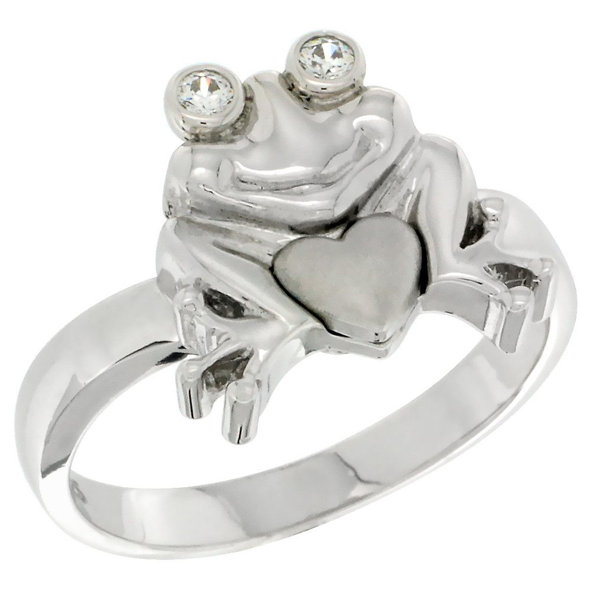 Sterling Silver Frog & Heart Ring CZ stones Rhodium Finished, size 8