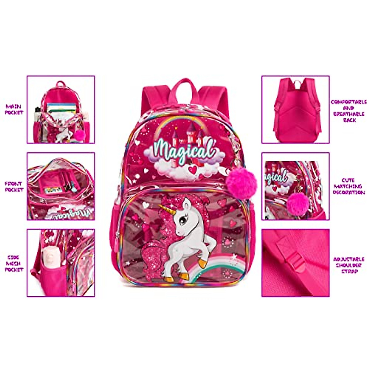 MOHCO Clear Kids Backpack 16 in Transparent Toddlers Backpack See Through Preschool Bag with Lunch Bag and Pencil Case for boys and Girls