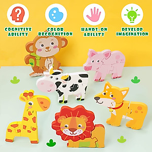 NiToy Wooden Animal Jigsaw Puzzles for Kids, Montessori Educational Building Block Toys Vivid Color Shapes for 36 Month+ Preschool STEM Early Learning Games Gift for Boys and Girls Age 3+ (6 Animals)