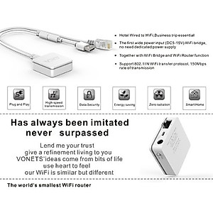 VONETS VAR11N-300 Portable WiFi Router 2.4GHz WiFi Bridge Wireless Repeater WiFi Hotspot to Ethernet WAN/LAN 2 RJ45 Ports(10/100Mbps) DC/USB Powered for Hotel IP Printer Network Devices