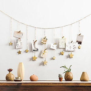 Mkono Hanging Photo Display Boho Decor Wooden Stars Garland with Metal Chains, Pictures Cards Holder with 25 Wood Clips, Wall Art for Room Bedroom Dorm, Teen Girl Gift Ages 12 13 14 Years Old, Gold